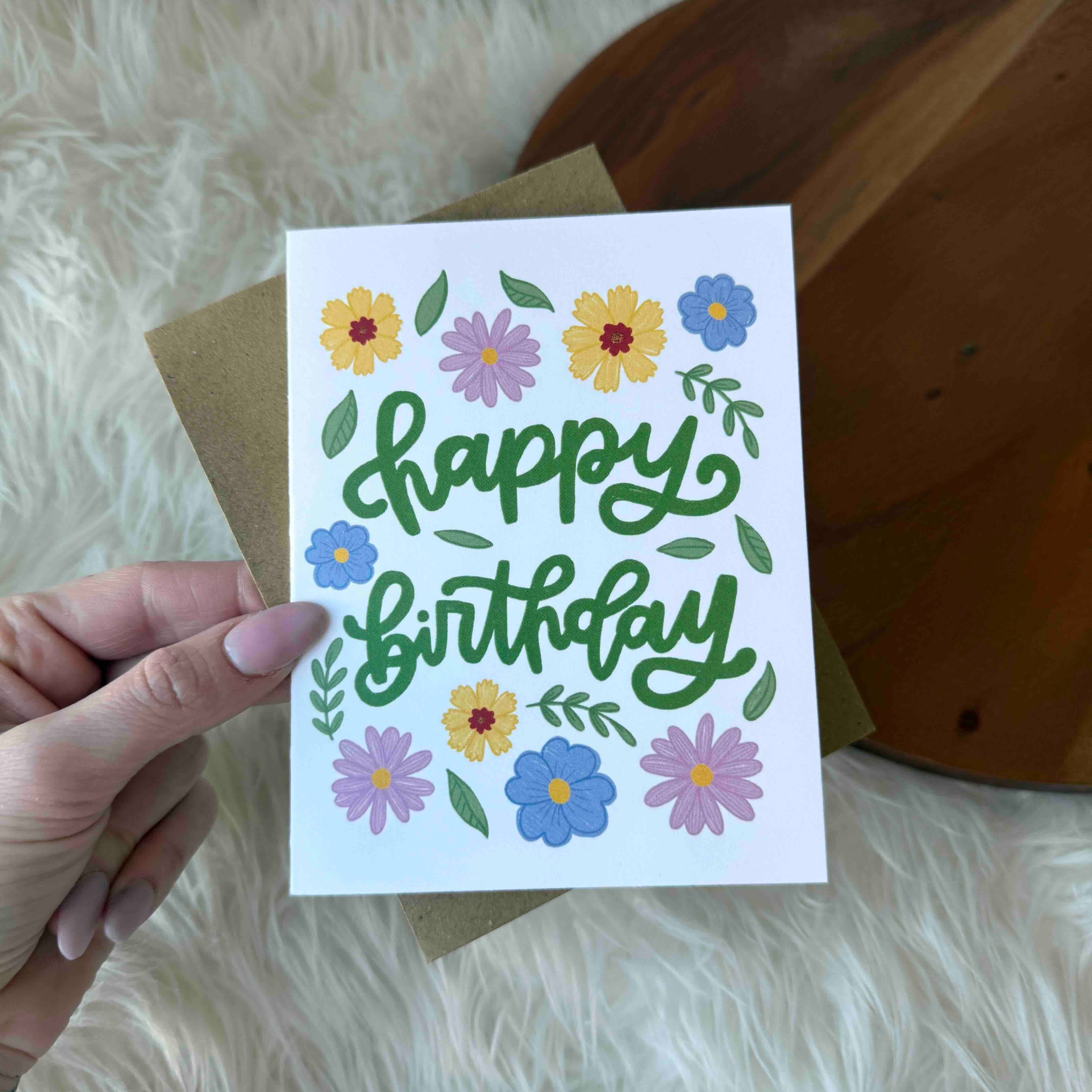 "Happy birthday" Spring Wildflower Cursive Text Card – chara